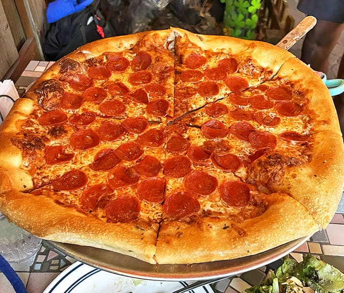 This isn't just pepperoni pizza; it's a masterclass in proper cheese-to-sauce ratio with a crust that achieves that mythical balance between chewy and crispy.