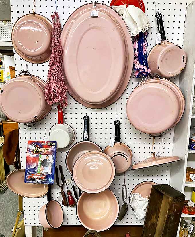 This collection of pink enamelware isn't just cookware—it's a rosy-hued time capsule from when kitchens were the heart of the home and meals were made with love.