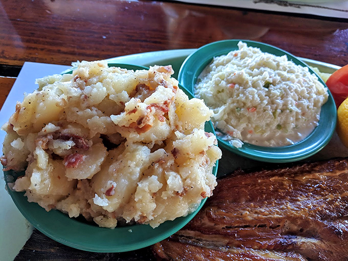 This isn't your picnic potato salad &ndash; warm, bacon-studded German-style potatoes that might upstage even the famous fish.