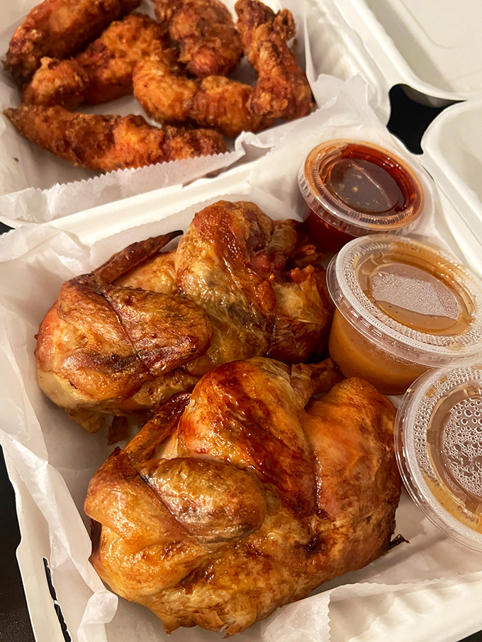 Golden-brown roasted chicken that's achieved poultry perfection &ndash; crispy skin giving way to juicy meat that makes you question all other chickens you've ever eaten.