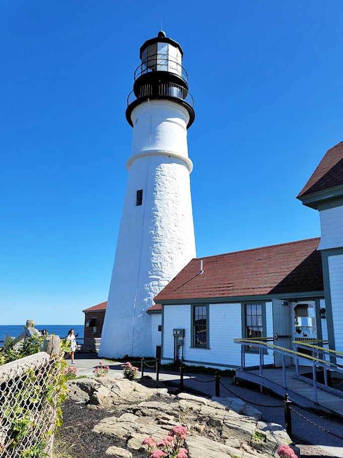 From this angle, you can almost hear the lighthouse whispering tales of shipwrecks and stormy nights to the waves below.
