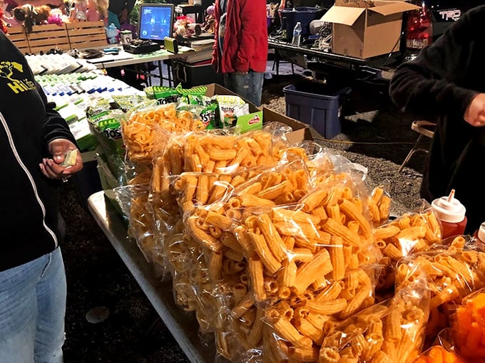 Snack attack central! Bags of crispy churros and other Mexican treats await hungry shoppers needing fuel for their treasure hunting adventures.