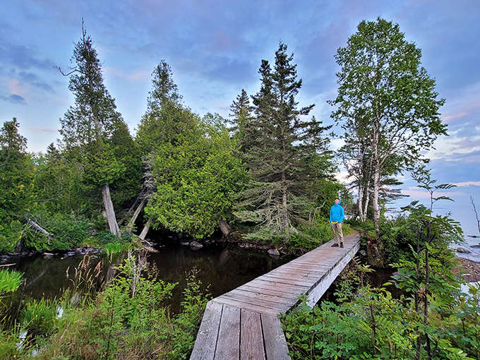 A solitary wooden boardwalk invites hikers deeper into Isle Royale's interior, where each step reveals new natural wonders.