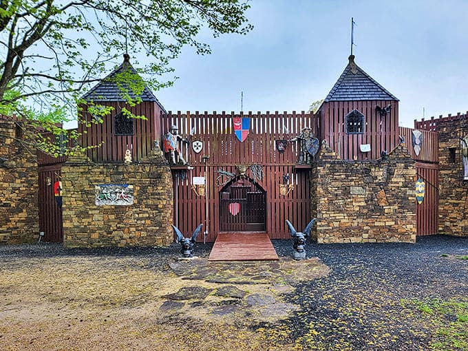 The wooden castle entrance at Castle Park looks ready to welcome knights, dragons, and kids with really good imaginations.
