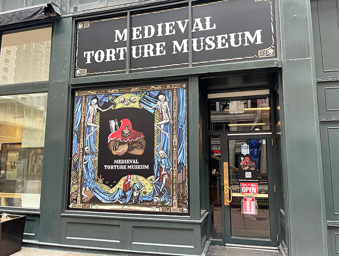 The Medieval Torture Museum's dark storefront hints at the serious history lessons waiting inside.