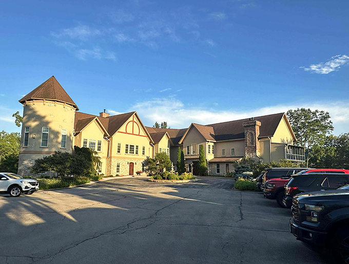 The castle-like Goldmoor Inn spreads its wings across the Illinois landscape, its stone facade and multiple wings creating a regal retreat complete with parking for your royal carriage.