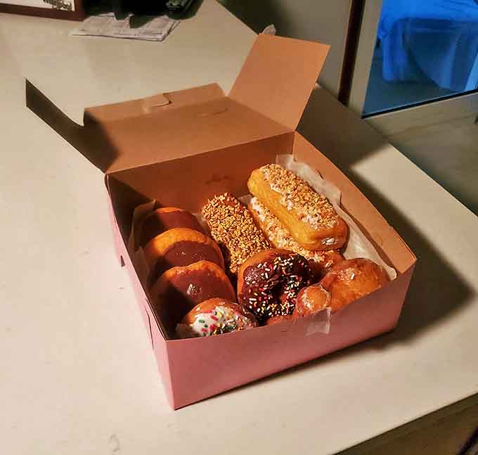 The pink box holds the answer to any bad day &ndash; an assortment of donuts and pastries that would make even the grumpiest person smile.