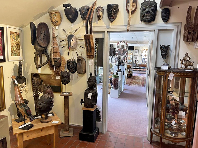 Tribal masks and ceremonial artifacts stare back with silent wisdom, having witnessed decades of human history before finding their way to Vermont.