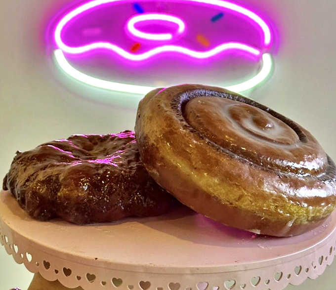 The dynamic duo: a perfectly glazed cinnamon roll alongside the legendary apple fritter. Breakfast of champions or dessert? Both!