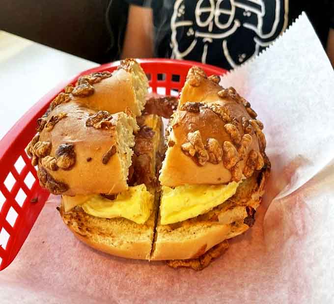 Bacon, egg and cheese on a bagel &ndash; the holy trinity of breakfast ingredients nestled in a perfectly toasted vessel. Morning salvation in handheld form.
