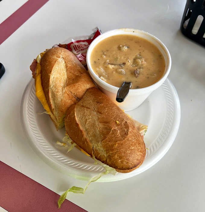 The Baked Club pairs perfectly with a cup of soup for the ultimate comfort food combo. That golden-brown bread practically begs you to take a bite!