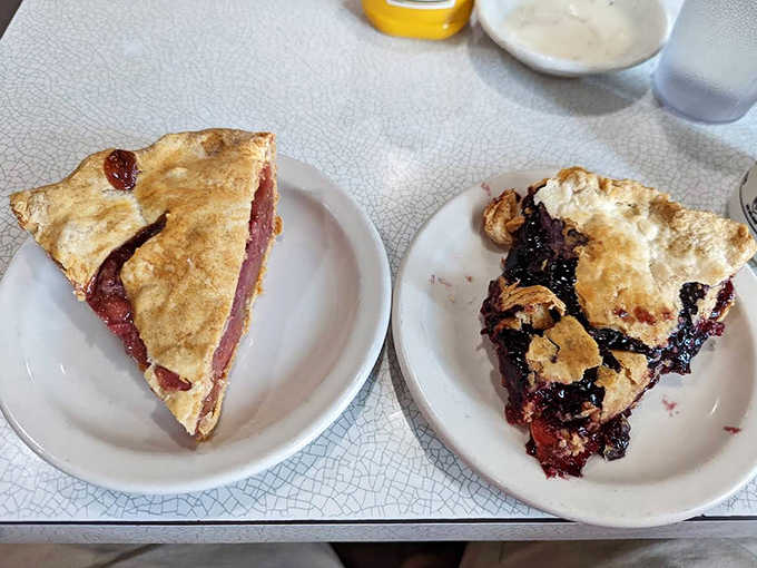 Decisions, decisions! Cherry or blueberry? At Becky's, the hardest choice you'll make all day is which heavenly pie to devour first.