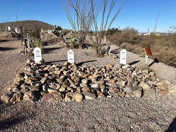 Simple crosses and rock piles mark where Tombstone's residents found their final peace under Arizona's endless sky.