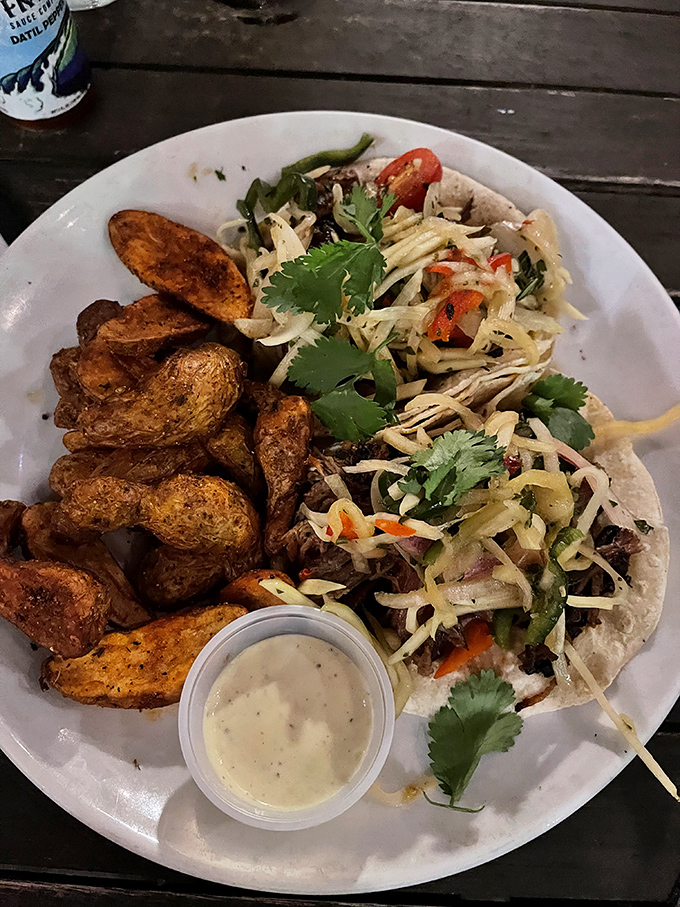 Slow-cooked brisket tacos paired with perfectly seasoned potatoes – a combination so good you might consider moving to St. Augustine permanently.