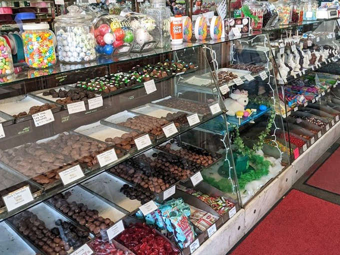 The candy counter at Caruso's is a kaleidoscope of sweet temptations, where self-control goes to die and "just one more piece" becomes everyone's mantra.