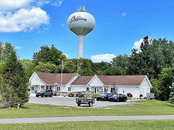 Chesaning's water tower stands tall like a proud parent watching over the town, visible for miles and somehow comforting in its permanence.
