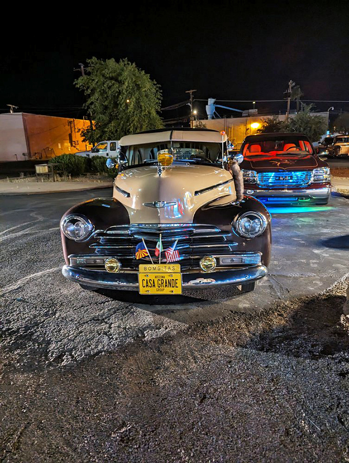 This gleaming vintage Chevrolet, with its Casa Grande plates, looks like it just rolled out of the showroom and into a perfect mid-century postcard.