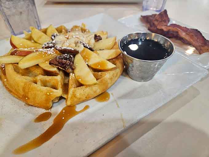 The Caramel Apple Churro Waffle combines sweet indulgence with crispy perfection, because sometimes breakfast should feel like dessert.