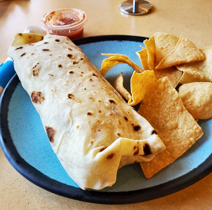The perfect burrito doesn't exi— wait, it does! This Chile Relleno masterpiece on a blue plate proves simplicity and perfection often go hand in hand.