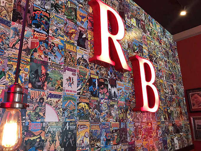 Marvel heroes watch over diners from this collaged wall of nostalgia&mdash;the perfect backdrop for serious eating and superhero-sized appetites.