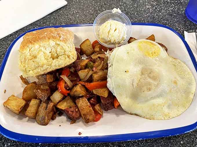 Every bite offers the perfect balance &ndash; tender corned beef, crispy potatoes, and that glorious egg yolk creating breakfast harmony.