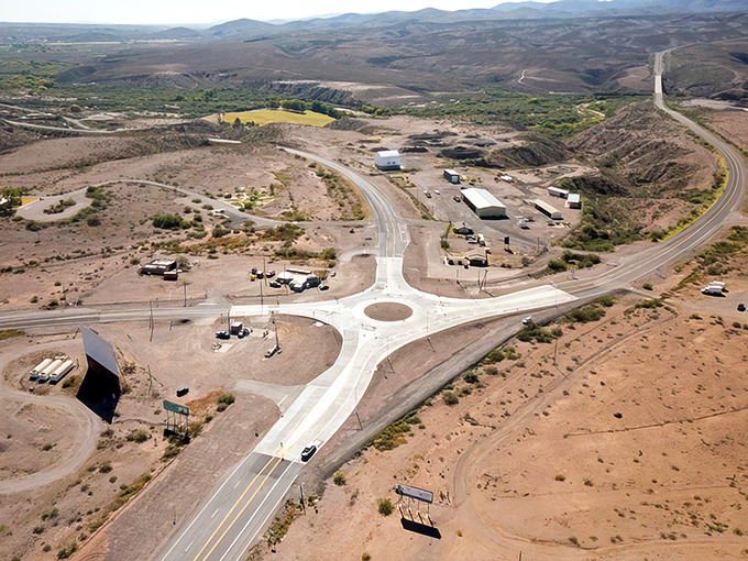 This desert roundabout serves as a modern oasis where multiple journeys converge before spinning travelers off in new directions.