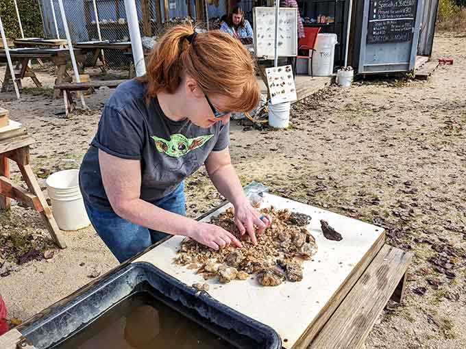 Sifting through pay dirt with the concentration of someone searching for the last piece of a jigsaw puzzle, because that perfect crystal could be in the next scoop.
