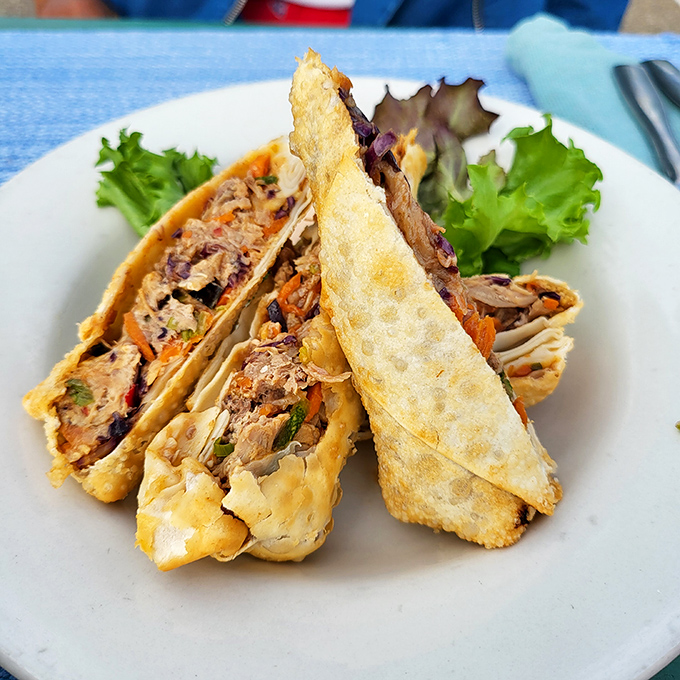 Crispy wrappers reveal a treasure of savory duck filling, the perfect handheld introduction to the kitchen's duck mastery.