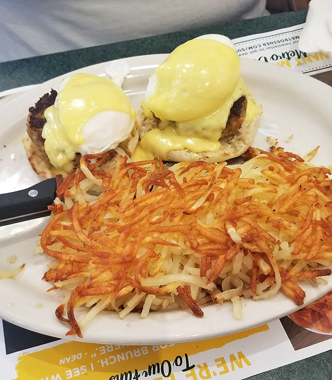 Golden hash browns crispy enough to make a potato proud, flanking eggs Benedict that's dressed for success.