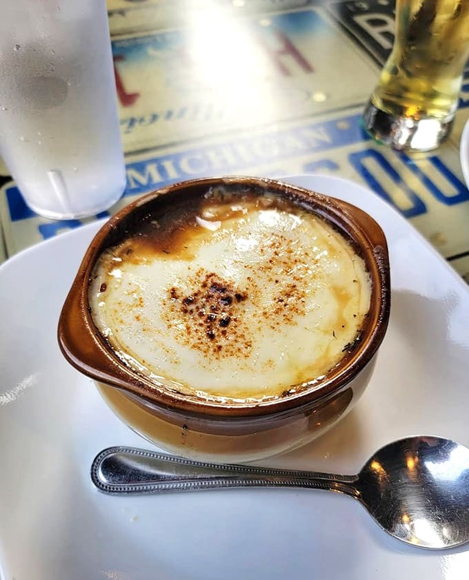 French onion soup arrives bubbling hot with that cheese pull that makes you feel like you're in a commercial.