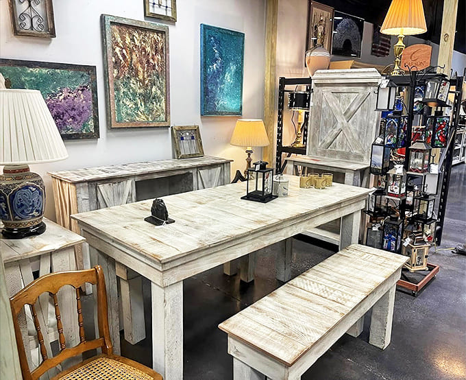 Whitewashed farm tables and benches create an instant "farmhouse chic" vibe. Just add family, food, and the inevitable heated Monopoly argument!