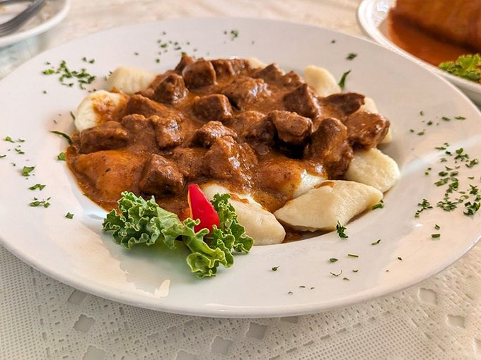 Tender beef goulash swimming in rich gravy alongside a perfect dome of mashed potatoes &ndash; comfort food that speaks a universal language.