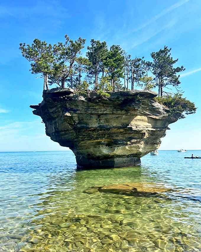 Clear waters reveal the underwater foundation of Turnip Rock, where persistent Lake Huron waves have sculpted this geological celebrity over millennia.