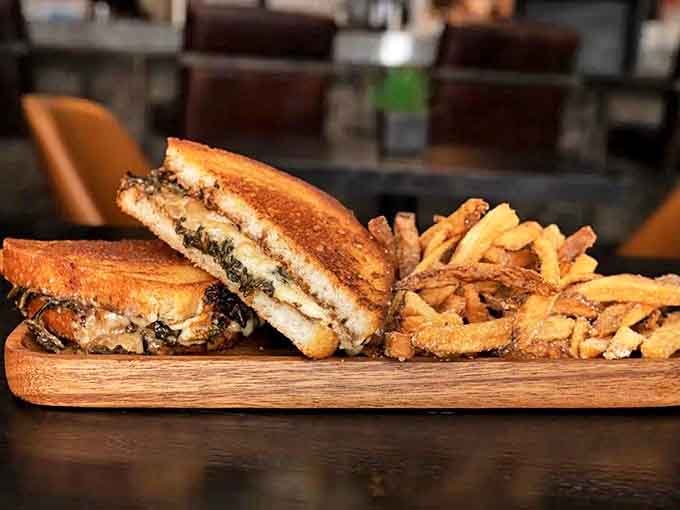 That grilled cheese sandwich looks like it's been through some serious flavor engineering, and those fries are ready to be your sidekick.