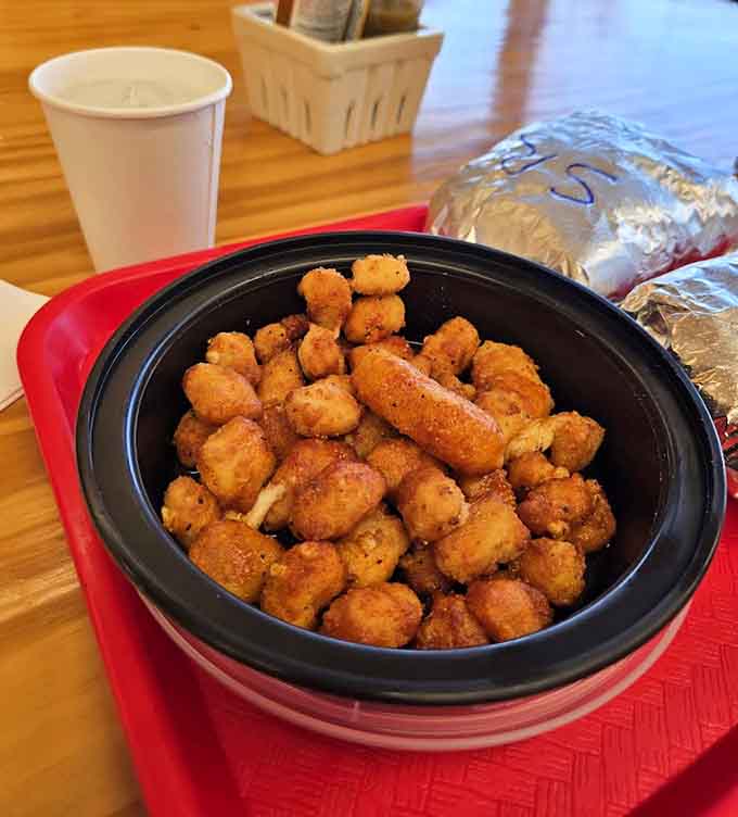 Golden cheese curds arrive hot and crispy, disappearing faster than free samples at a grocery store on Saturday afternoon.