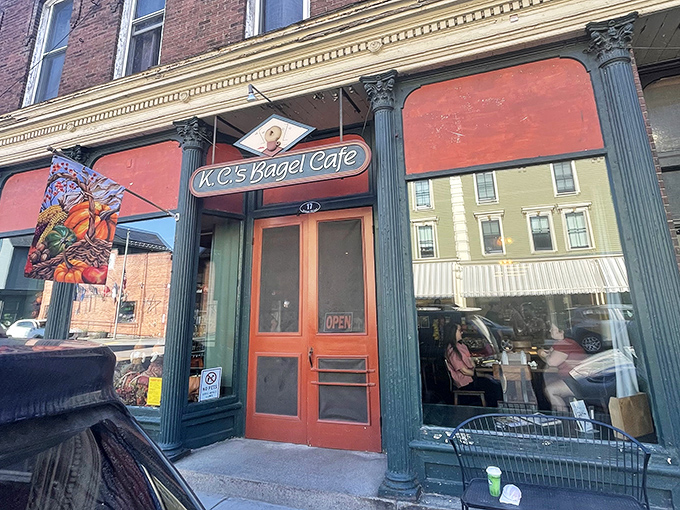 KC's Bagel Caf&eacute; occupies a classic storefront where morning light streams through windows, illuminating fresh-baked treasures within.