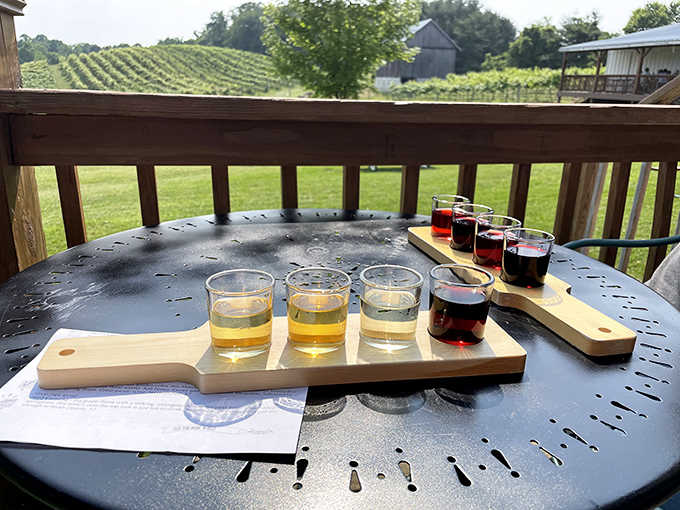 Wine flights arrive on handcrafted wooden paddles &ndash; a journey through flavors that tell the story of this unique Ohio vineyard.
