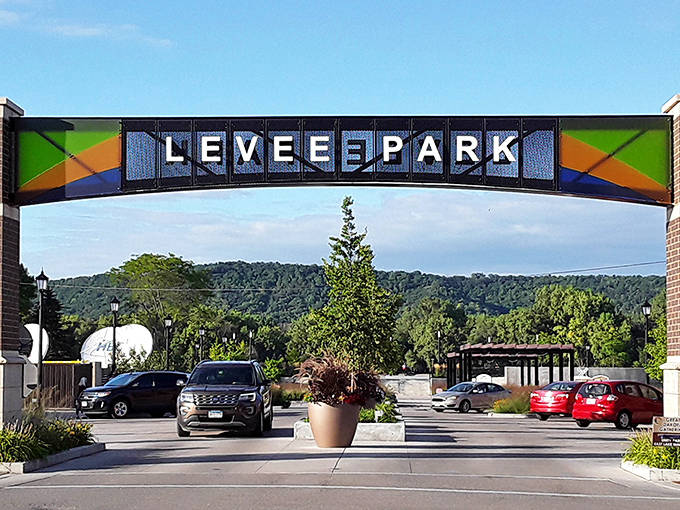 The colorful Levee Park entrance welcomes visitors to Winona's riverfront playground where the Mississippi becomes the main attraction.