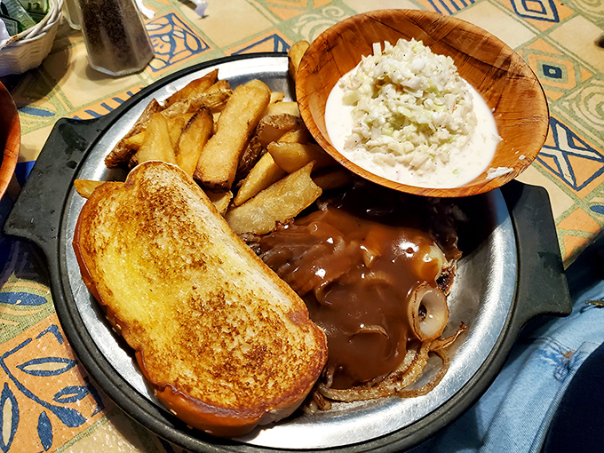 Their classic open-faced hot roast beef sandwich smothered in gravy, served with fries and coleslaw &ndash; comfort food at its finest.