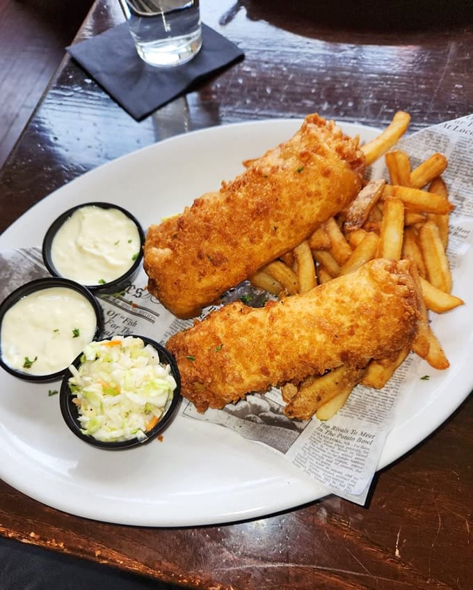 Golden beer-battered fish and chips arrive piping hot, proving that sometimes the classics become classics for very good reasons indeed.