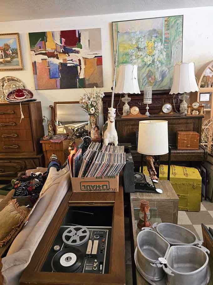 Vintage treasures stacked like memories in your grandmother's attic, except these ones are actually for sale and won't make you sneeze.