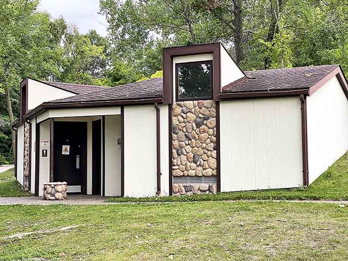 Even the facilities at Maplewood have character &ndash; this stone-accented restroom blends harmoniously with its natural surroundings.
