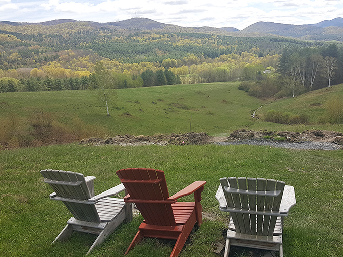 The Taconic Mountain range creates a layered backdrop of blues and greens, showcasing Vermont's famous undulating landscape in all its glory.