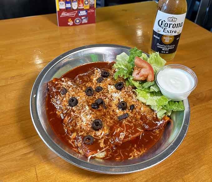 Cheese enchiladas swimming in red sauce and topped with olives prove that sometimes the classics become classics for very good reasons.