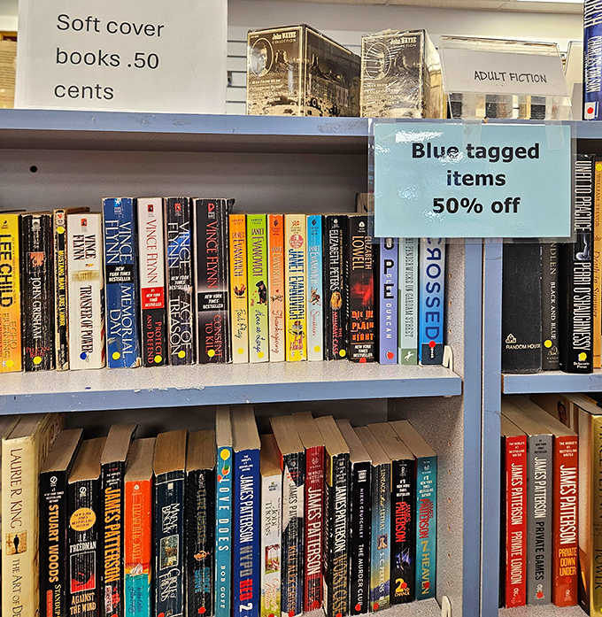 Bookworms rejoice! Shelves packed with literary adventures at pocket-change prices, with blue tags offering even deeper discounts.