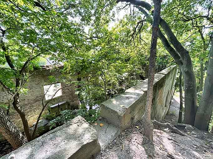History written in stone: These weathered walls have witnessed a century of island stories while slowly surrendering to nature's persistent touch.