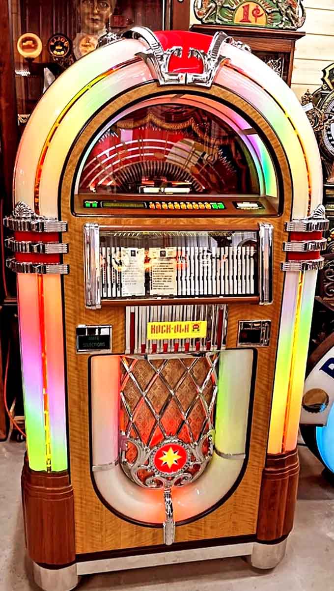 The jukebox that launched a thousand first dates stands ready to play, its rainbow glow promising musical memories from simpler times.