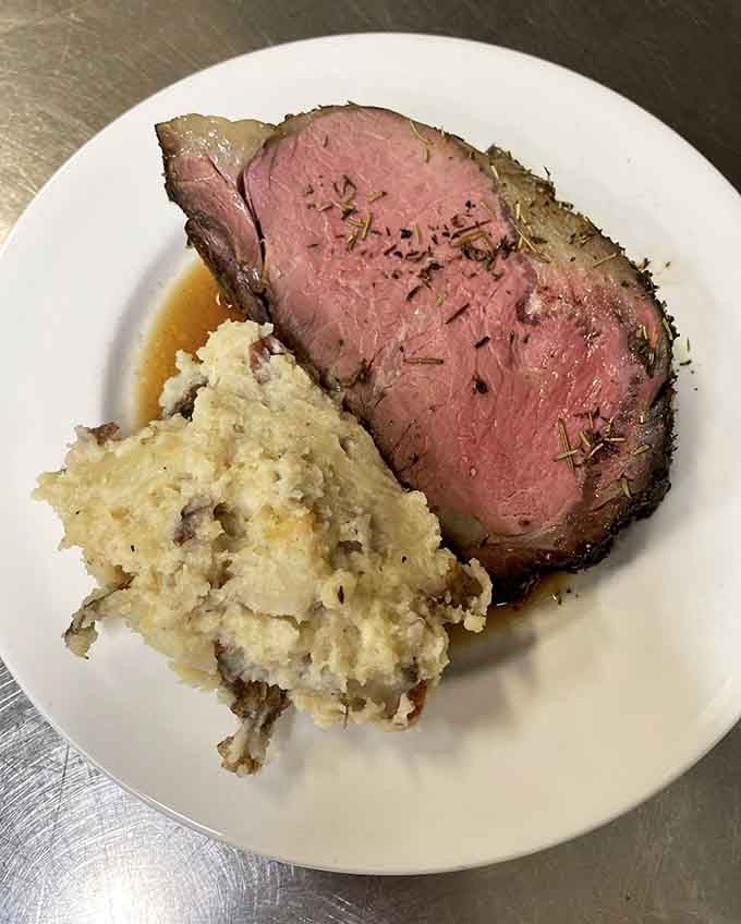 Prime rib and mashed potatoes together create the kind of comfort food harmony that makes you forget your troubles entirely.
