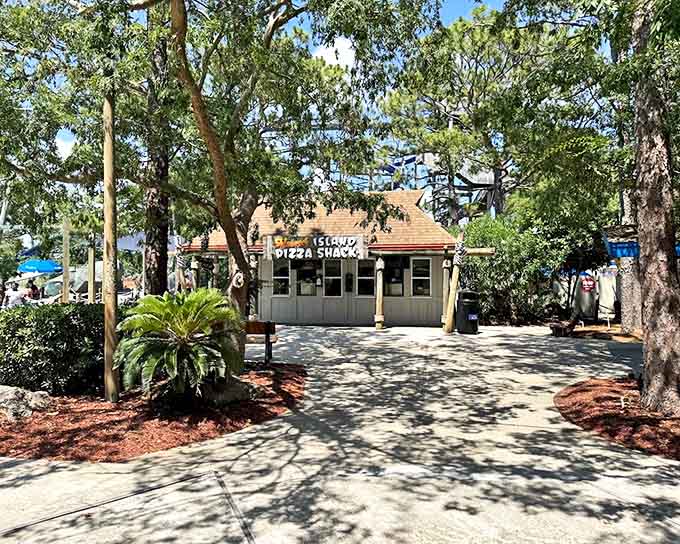 The Island Pizza Shack stands ready to satisfy post-swimming hunger pangs with slices that somehow taste better when you're dripping wet.