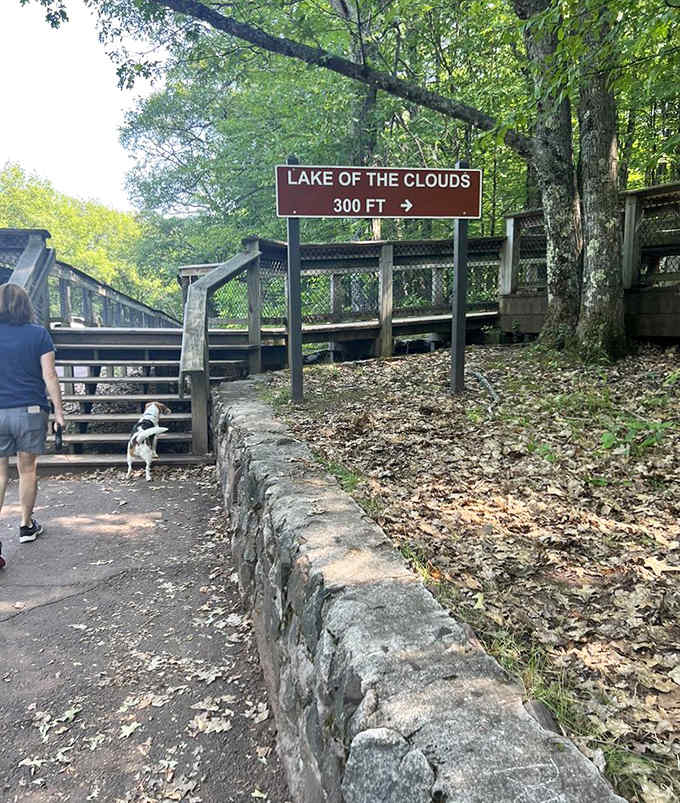 This sign points the way to Lake of the Clouds, where 300 feet of easy walking rewards visitors with one of Michigan's most spectacular vistas.